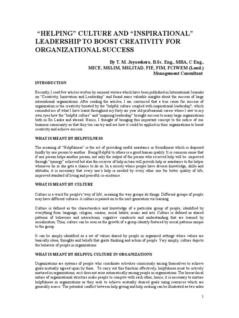 Helping Culture Boosts Success News Letter | PDF | Leadership | Creativity
