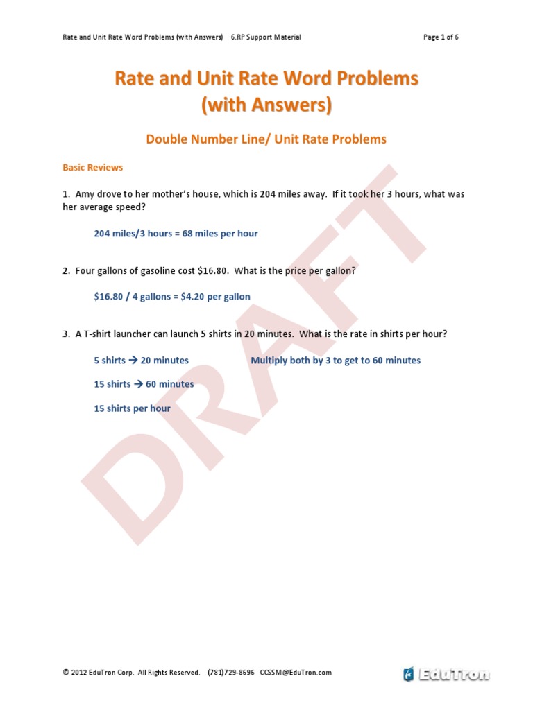 08-Rate and Unit Rate Word Problems With Answers | PDF | Speed | Business