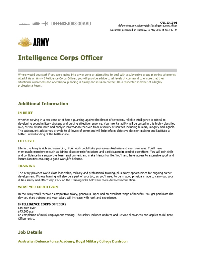 Intelligence Corps Officer | PDF | Cadet | Australian Defence Force
