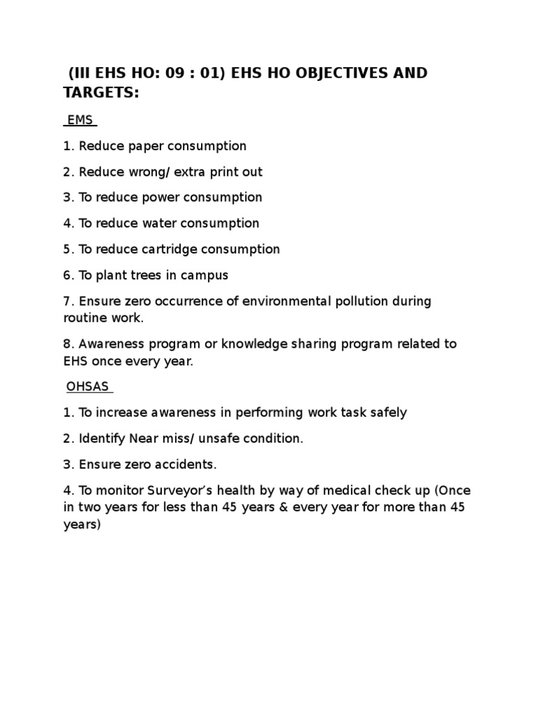 (Iii Ehs Ho: 09: 01) Ehs Ho Objectives and Targets | PDF