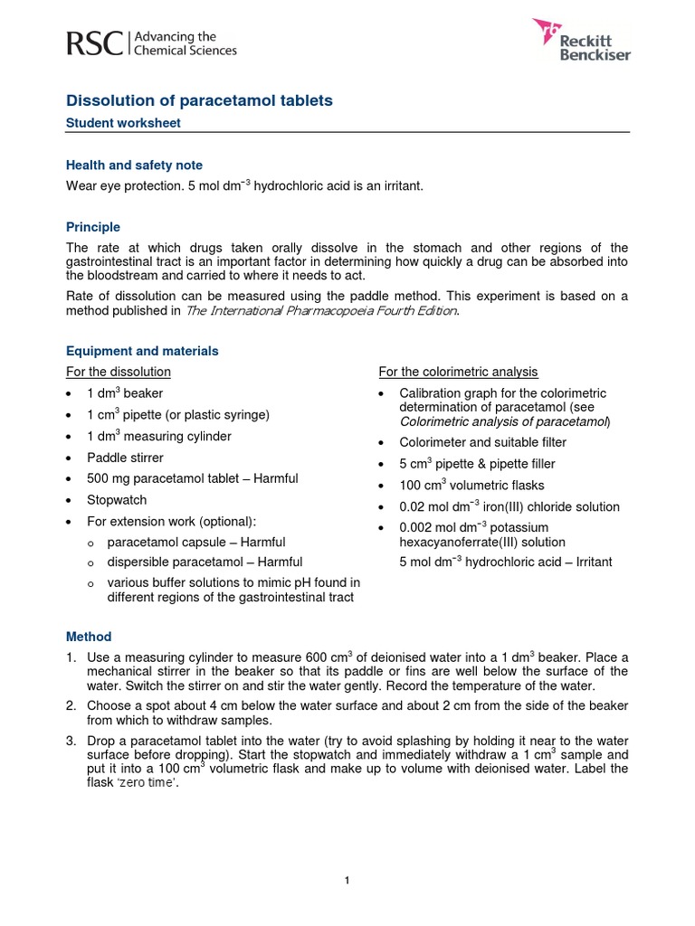 RSC Dissolution of Paracetamol Tablets Students | PDF | Tablet ...