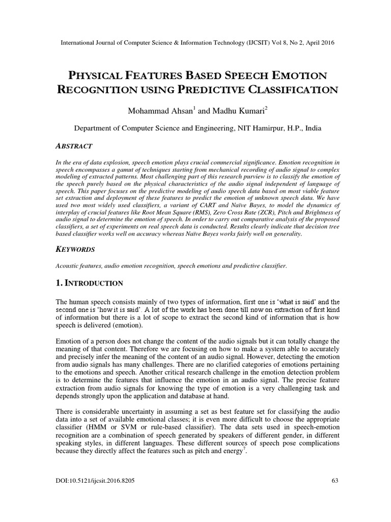 Physical Features Based Speech Emotion Recognition Using Predictive Classification | PDF ...