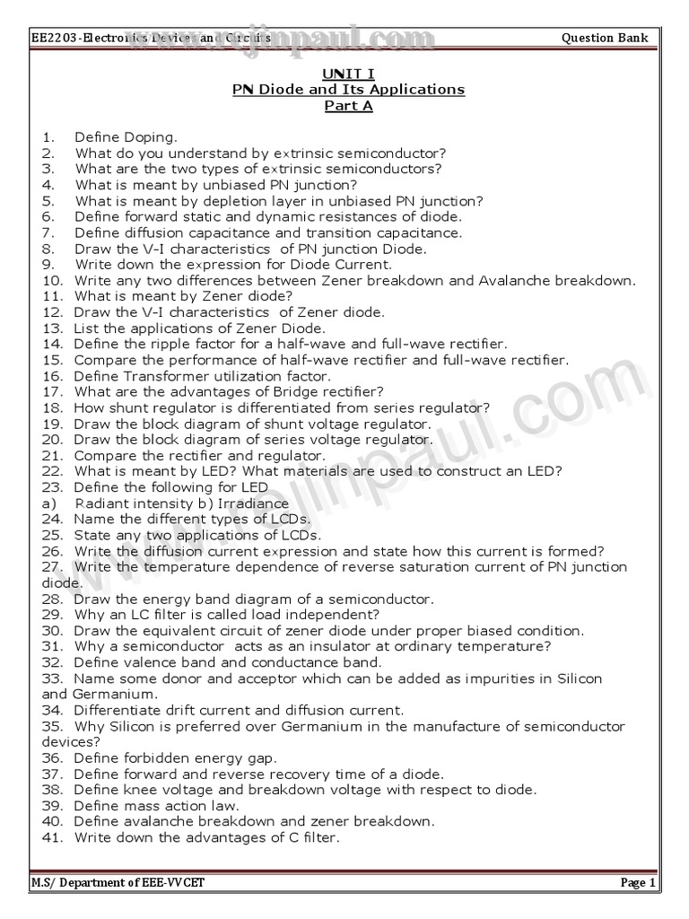 Electronic Devices and Circuits Question Bank PDF | PDF | Field Effect ...