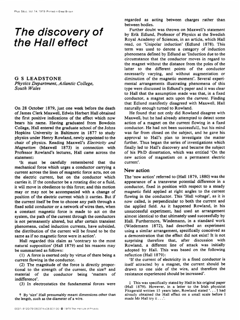 Hall Effect: Edwin Hall's Discovery | PDF | Electromagnetic Induction ...