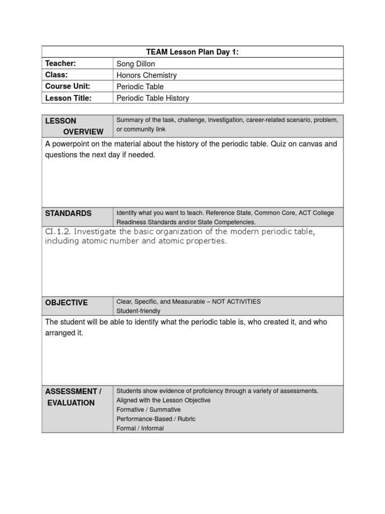 Team Lesson Plan | PDF | Periodic Table | Educational Assessment