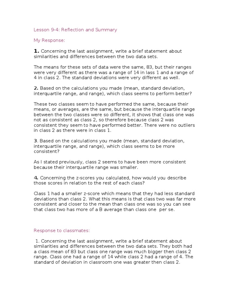 Lesson 9-4 Reflection and Summary | PDF | Standard Score | Outlier