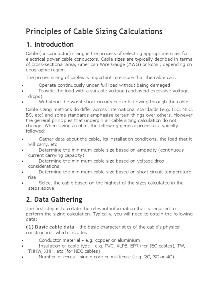 Principles of Cable Sizing Calculations | PDF | Cable | Electrical ...