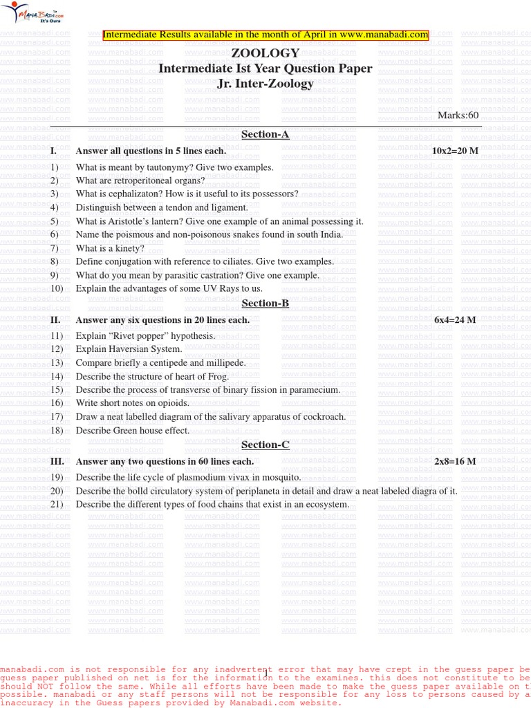 2025 1st Year Zoology Question Paper | PDF