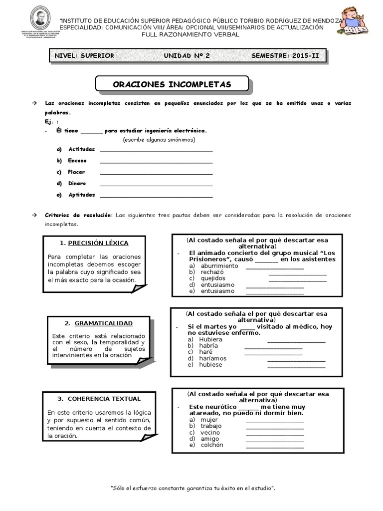 Oraciones Incompletas, T.E. y S.V. OK | PDF | Oración (Lingüística ...