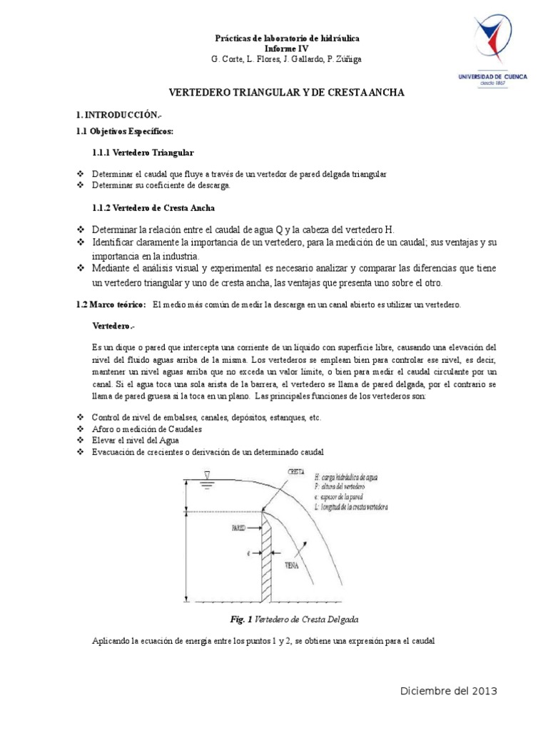 Estudio de Vertederos: Triangular y Cresta Ancha | PDF | Descarga ...