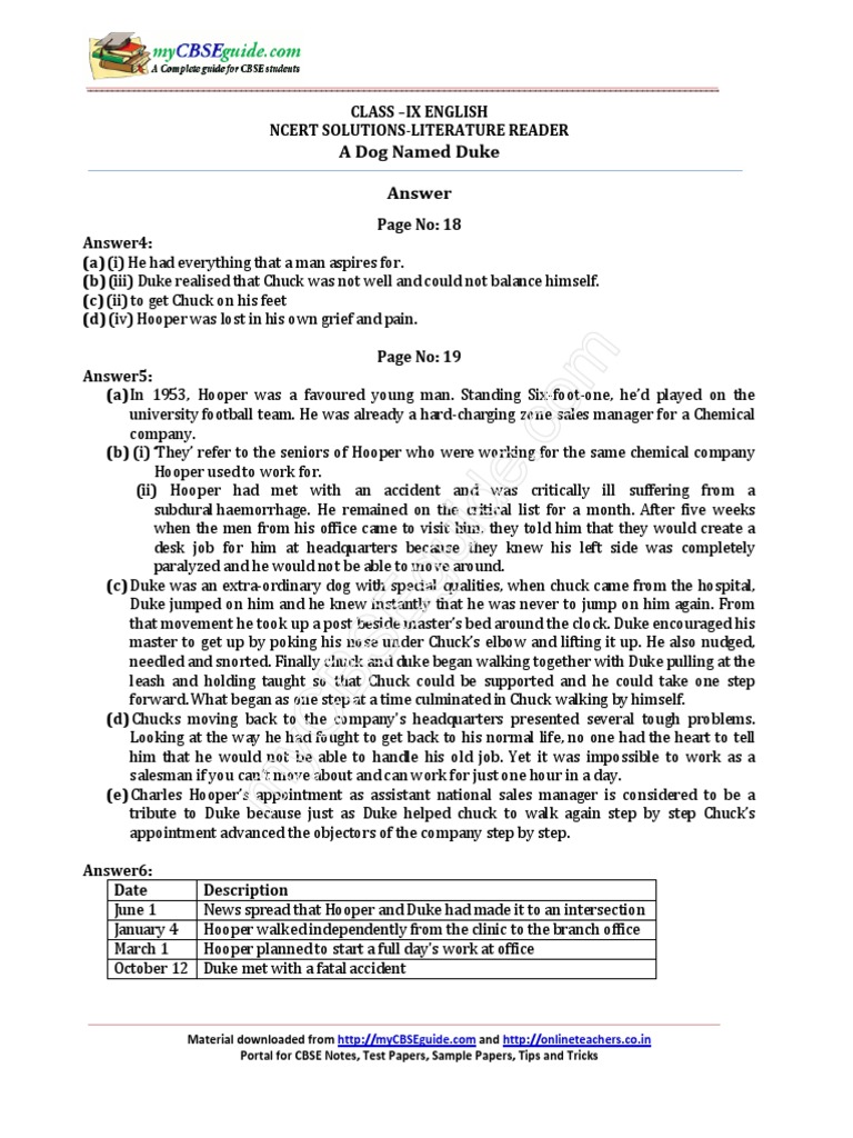 09 English Communicative Ch02 A Dog Named Duke Ans | PDF