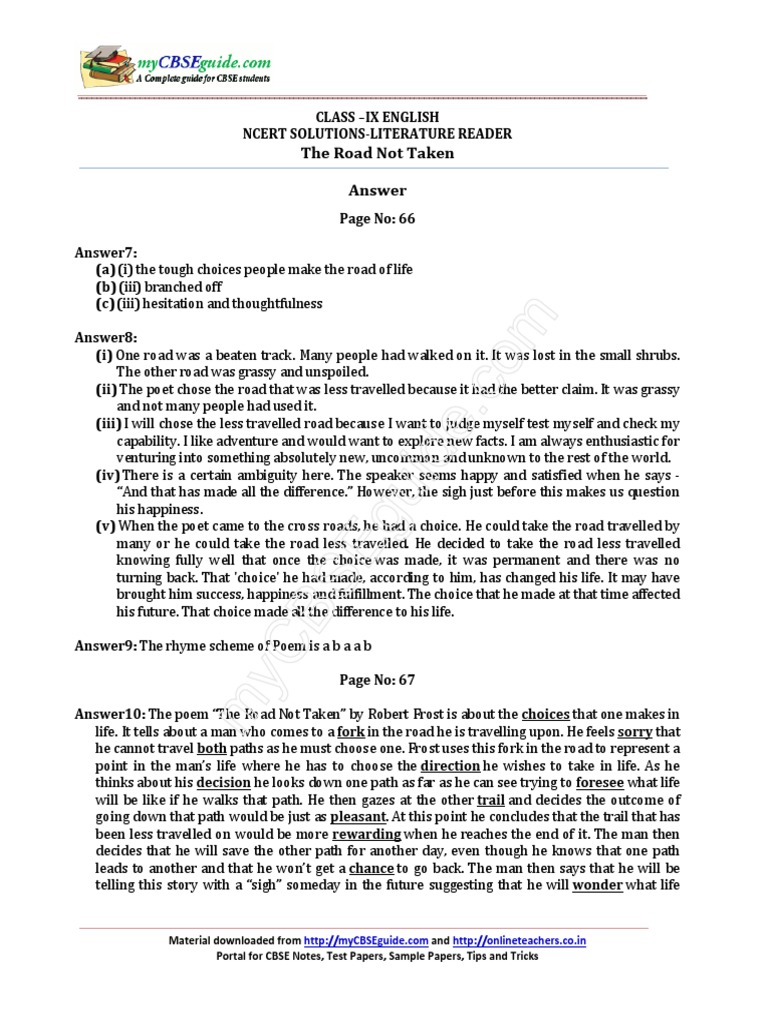 Class 9 NCERT: The Road Not Taken Answers | PDF | Poetry