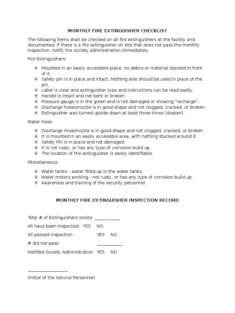 Monthly Fire Extinguisher Checklist | PDF