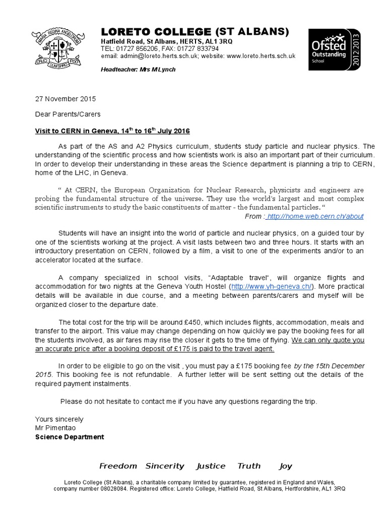 CERN Initial Letter For Yr 12 | PDF | Particle Physics | Physics