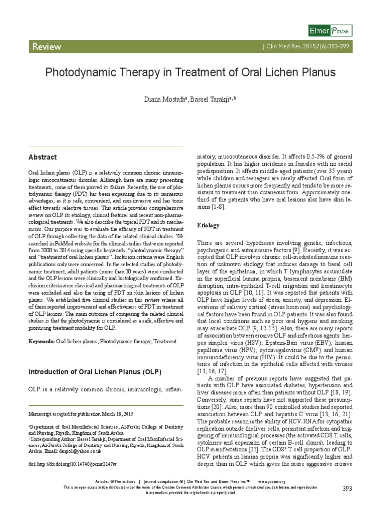 Photodynamic Therapy in Treatment of Oral Lichen Planus: Review | PDF | Clinical Medicine ...