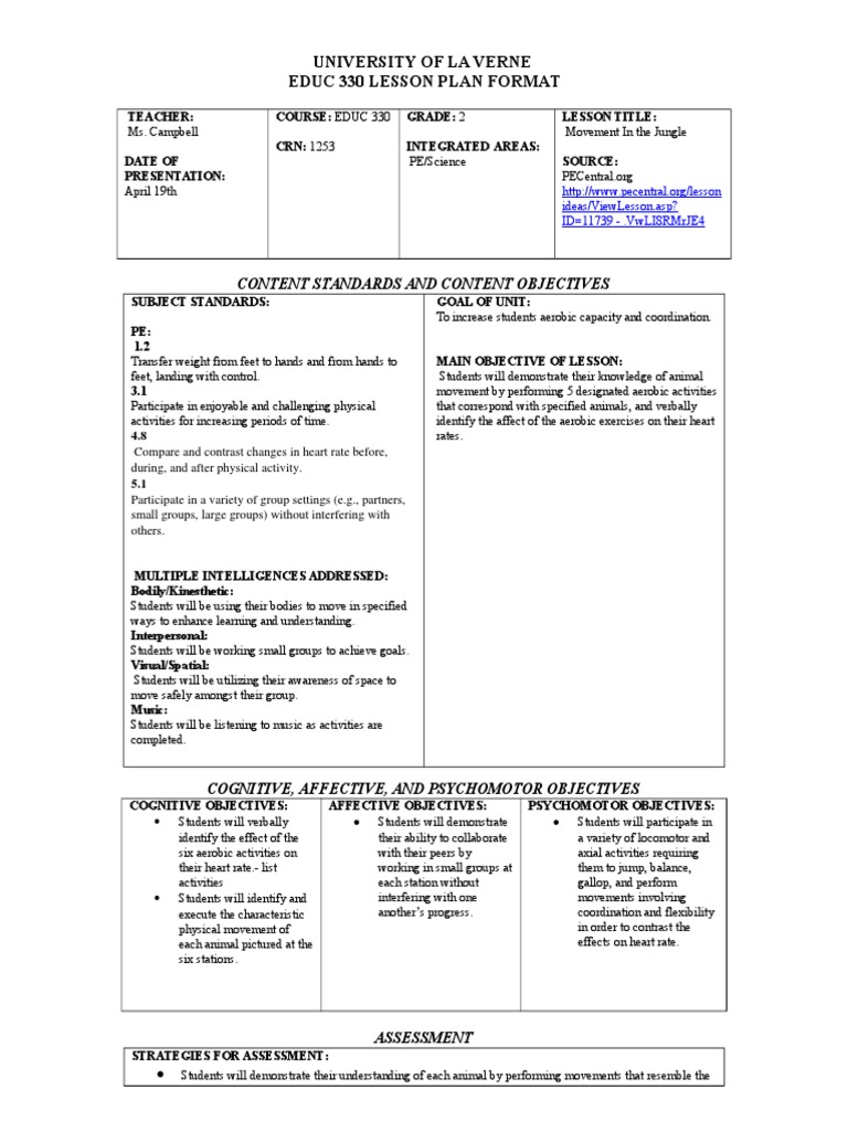 Animal Movement and Heart Rate Lesson | PDF | Educational Assessment ...