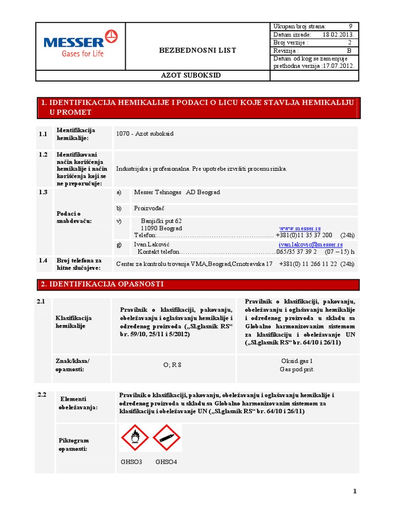 Azot Suboksid-Gas Msds | PDF