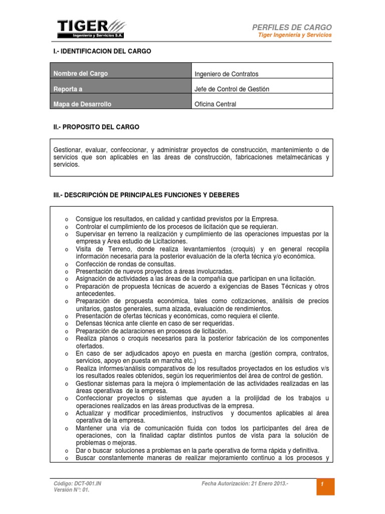 Dct-001.in Perfil de Cargo Ingeniero de Contratos | PDF | Ingeniería | Calidad (comercial)