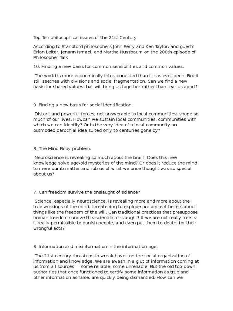 Top Ten Philosophical Issues of The 21st Century | PDF | Rationality ...