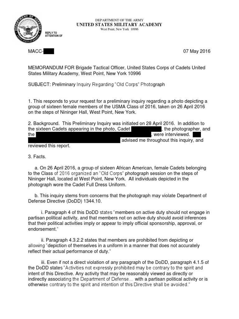 Preliminary Inquiry REDACTED United States Military Academy Uniform Code Of Military Justice