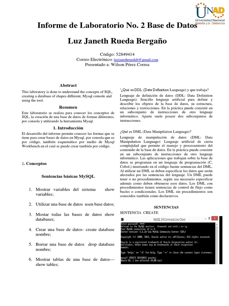 Informe de Laboratorio No.2 Base de Datos | PDF | Bases de datos | SQL
