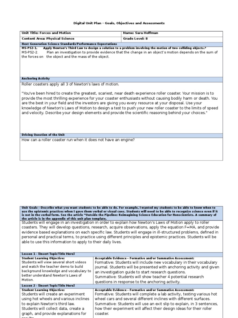Forces and Motion Unit Plan for 8th Grade | PDF | Science | Science ...