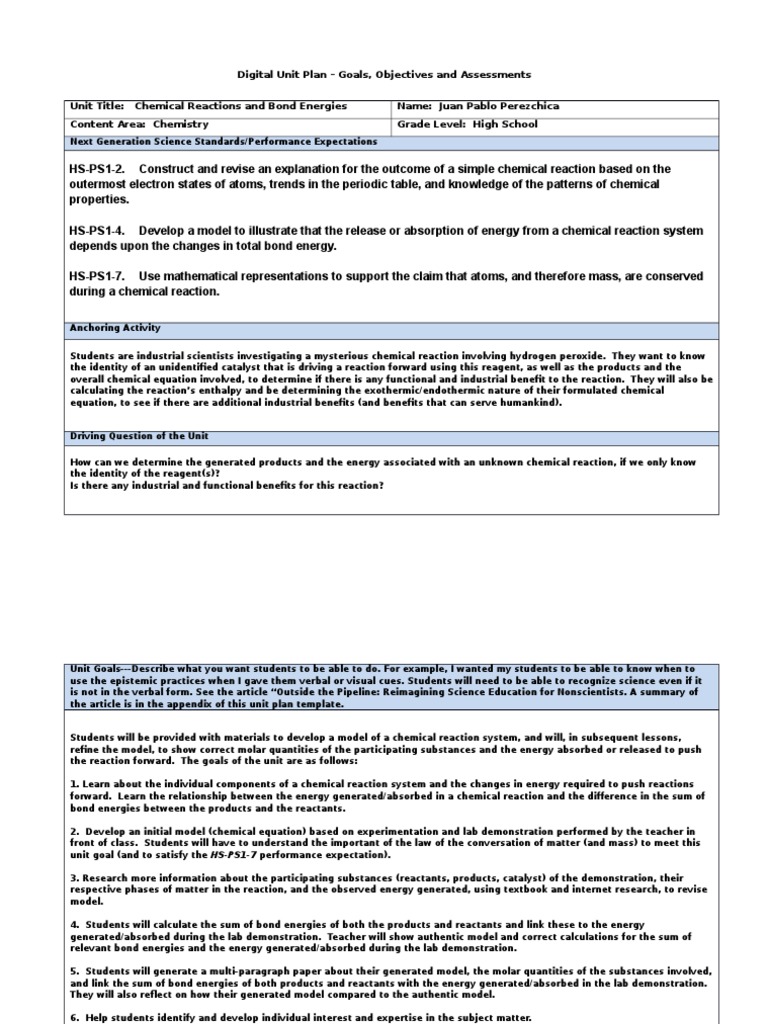 High School Chemistry Unit Plan: Reactions | PDF | Educational ...