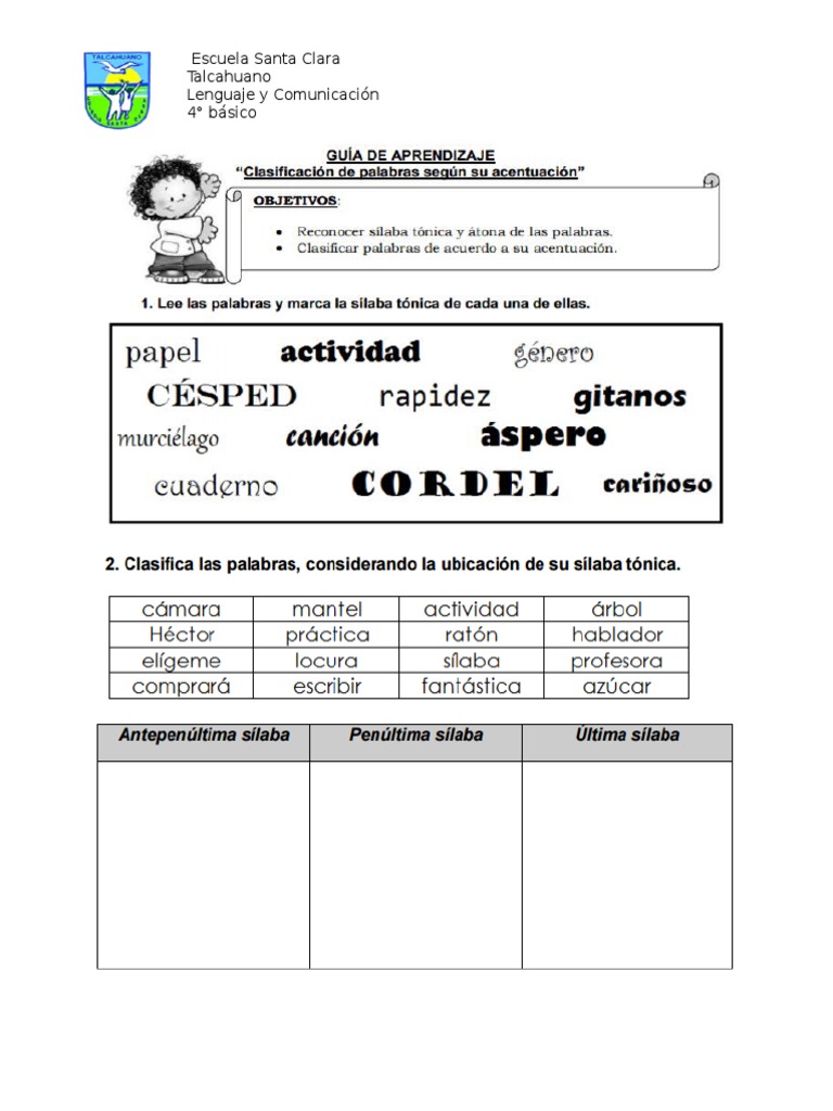 Guia de Repaso Clasificacion de Las Palabras Segun Su Silaba Tonica.