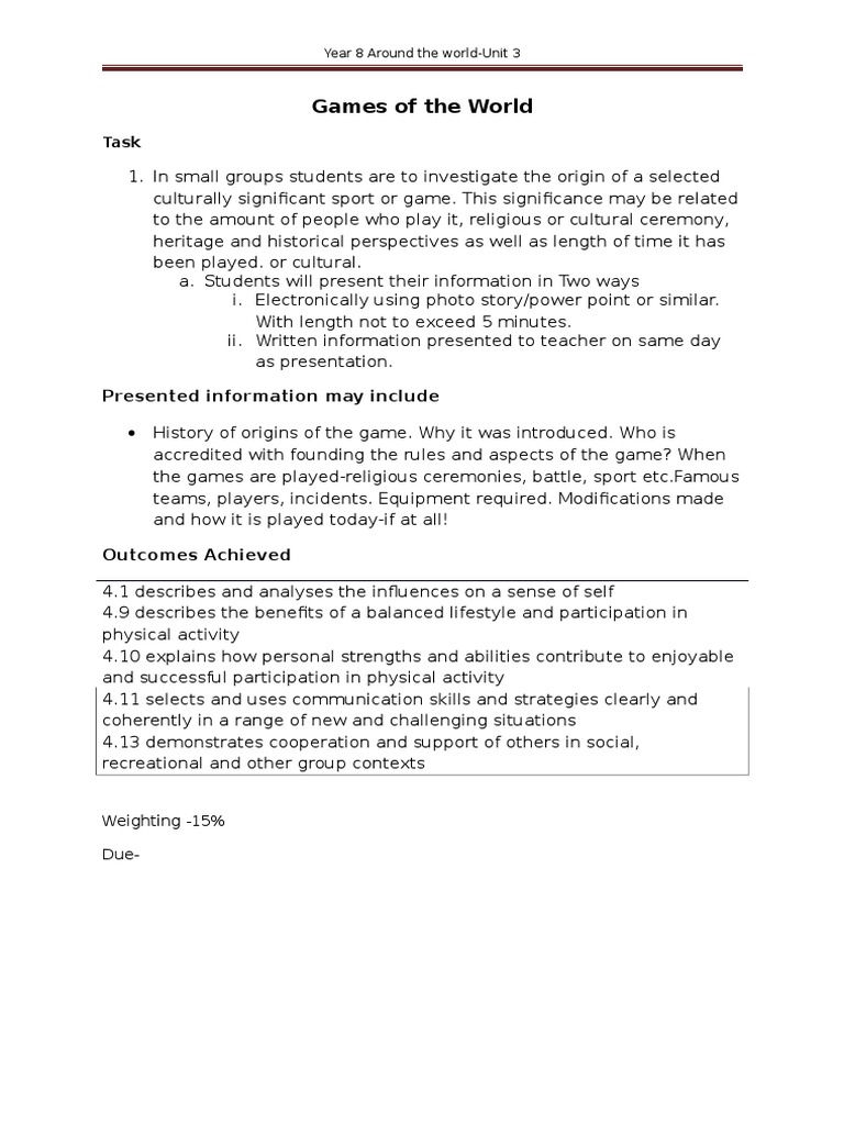 Year 8 World Games Project Guidelines | PDF | Educational Technology ...