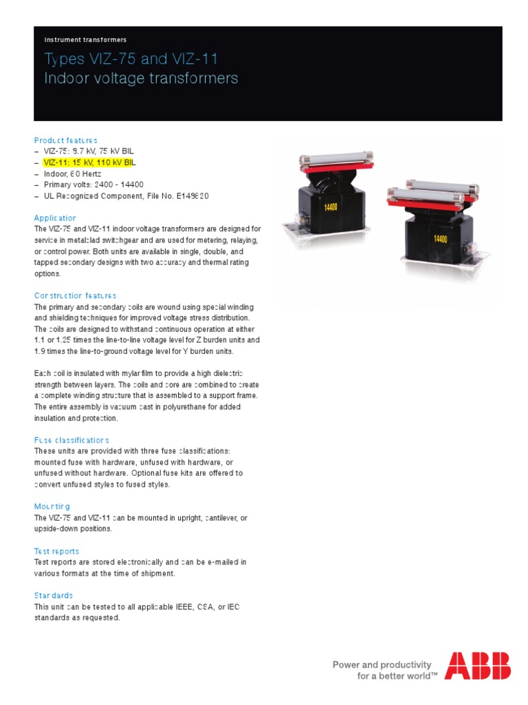 Potential Transformer Catalog ABB | PDF | Transformer | Fuse (Electrical)