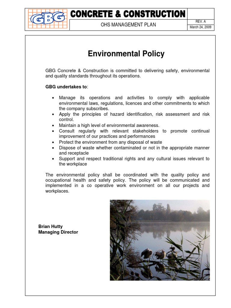 Environmental Policy: Ohs Management Plan | PDF