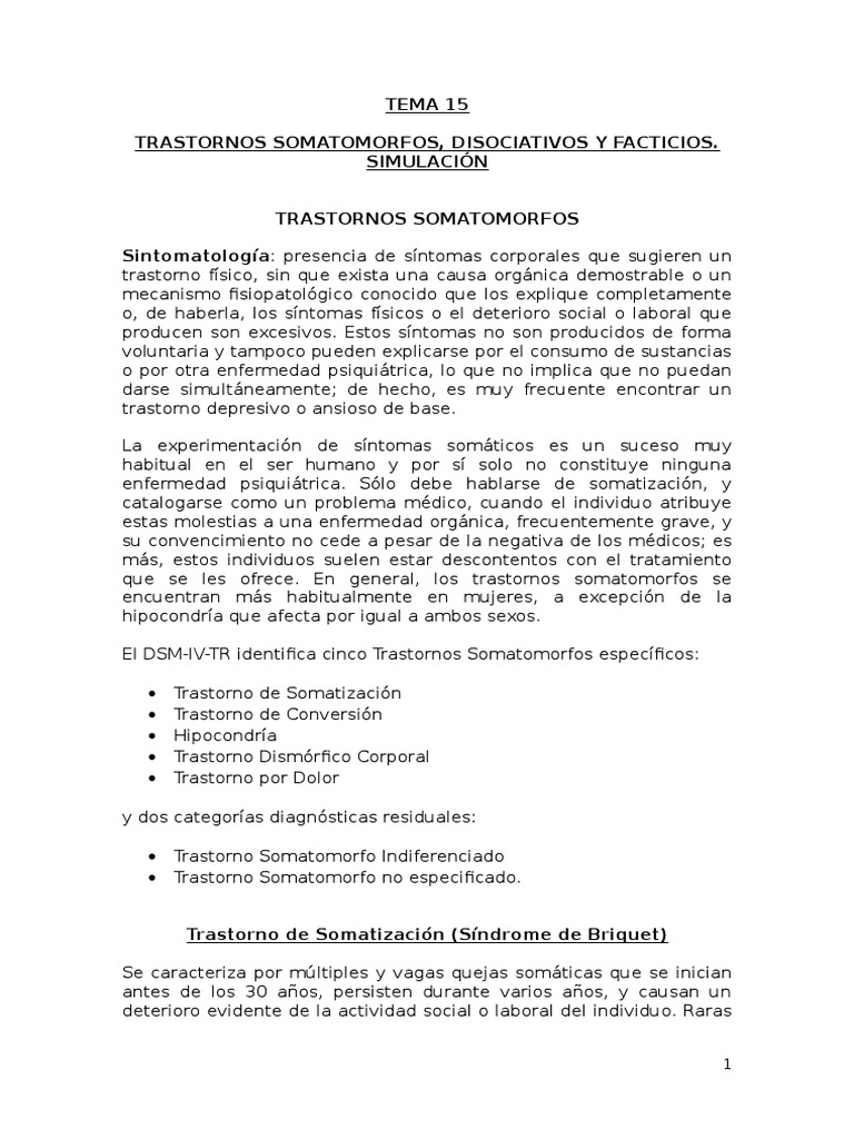 TEMA 15 Trastornos Somatomorfos, Disociativos y Facticios. Simunlación | PDF