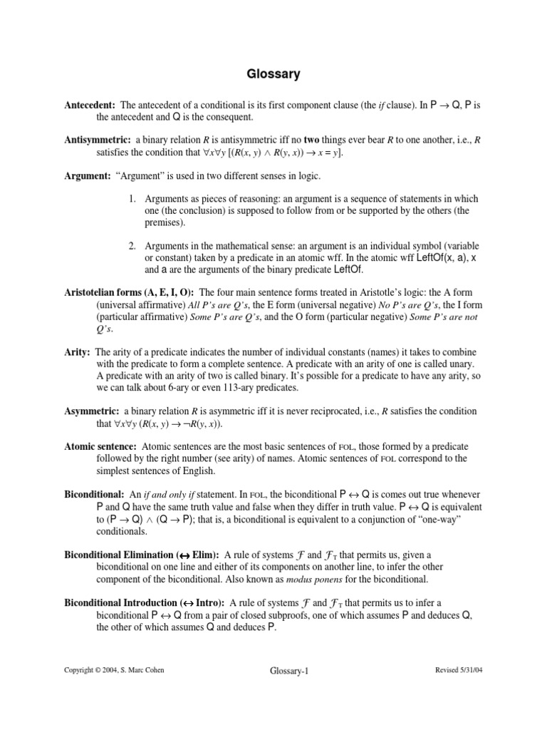 Glossary Pdf First Order Logic Interpretation Logic