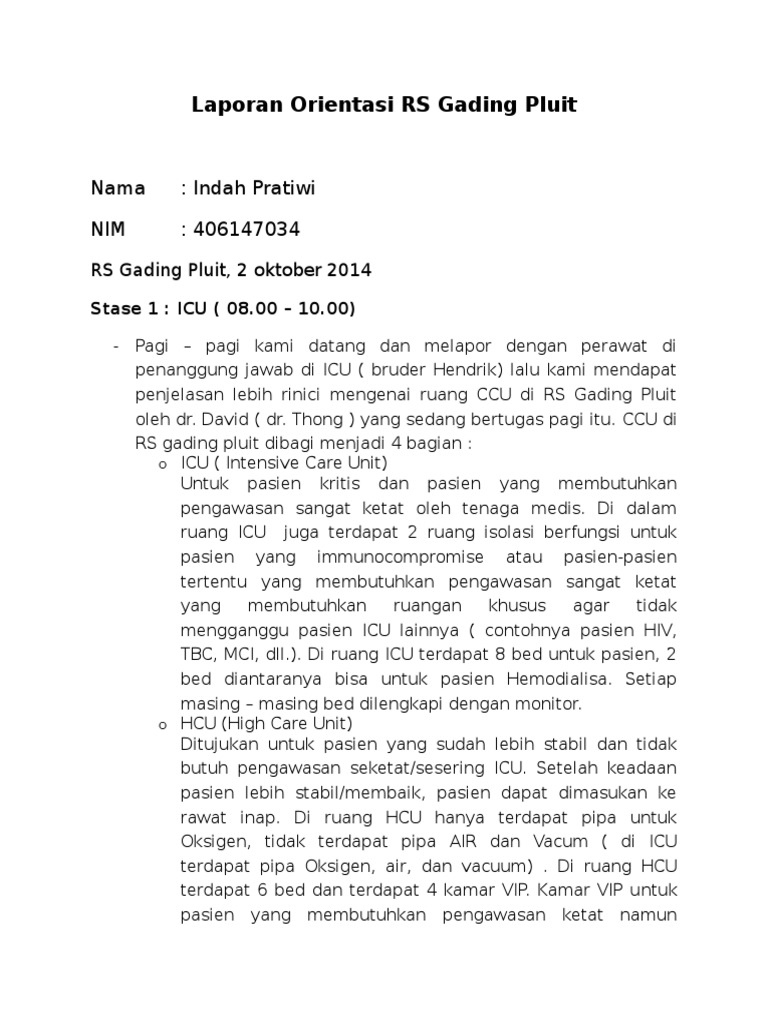 Indah Pratiwi 406147034 Laporan Orientasi RS Gading Pluit 1 | PDF