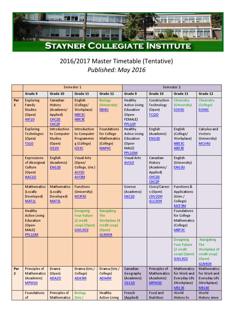 2016/2017 Master Timetable (Tentative) : Published: May 2016 | PDF ...