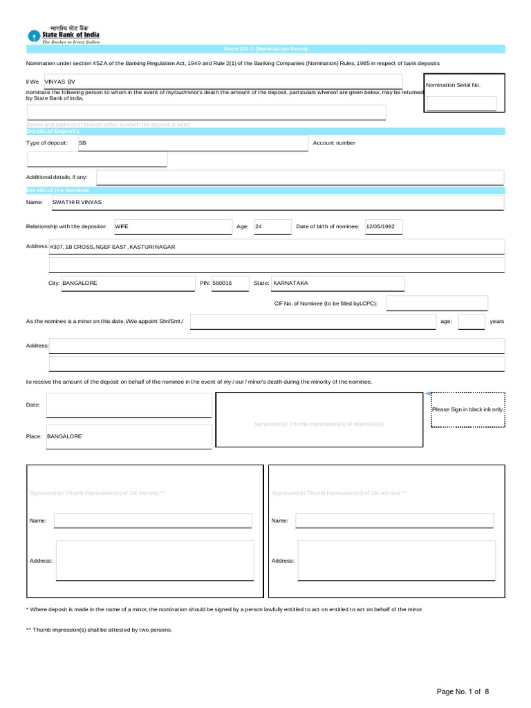 Bank Deposit Nomination Form DA-1 | PDF | Identity Document | Service ...