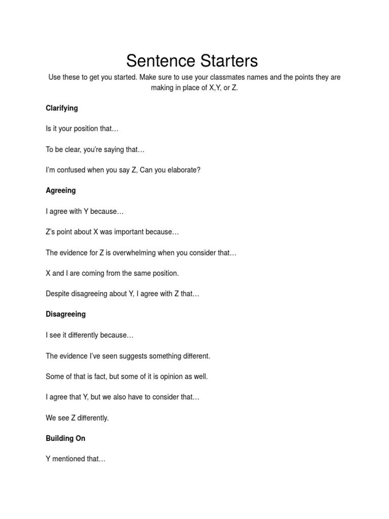 Sentence Starters | PDF