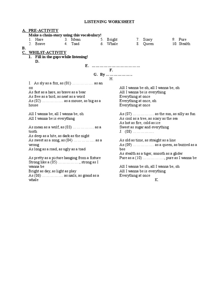 Listening Worksheet A. Pre-Activity Make A Chain-Story Using This ...