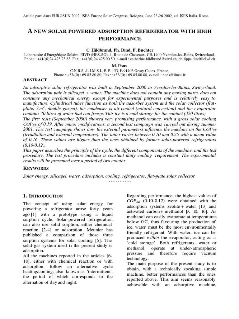 New Solar Powered Adsorption Refrigerator With High Performance | PDF ...
