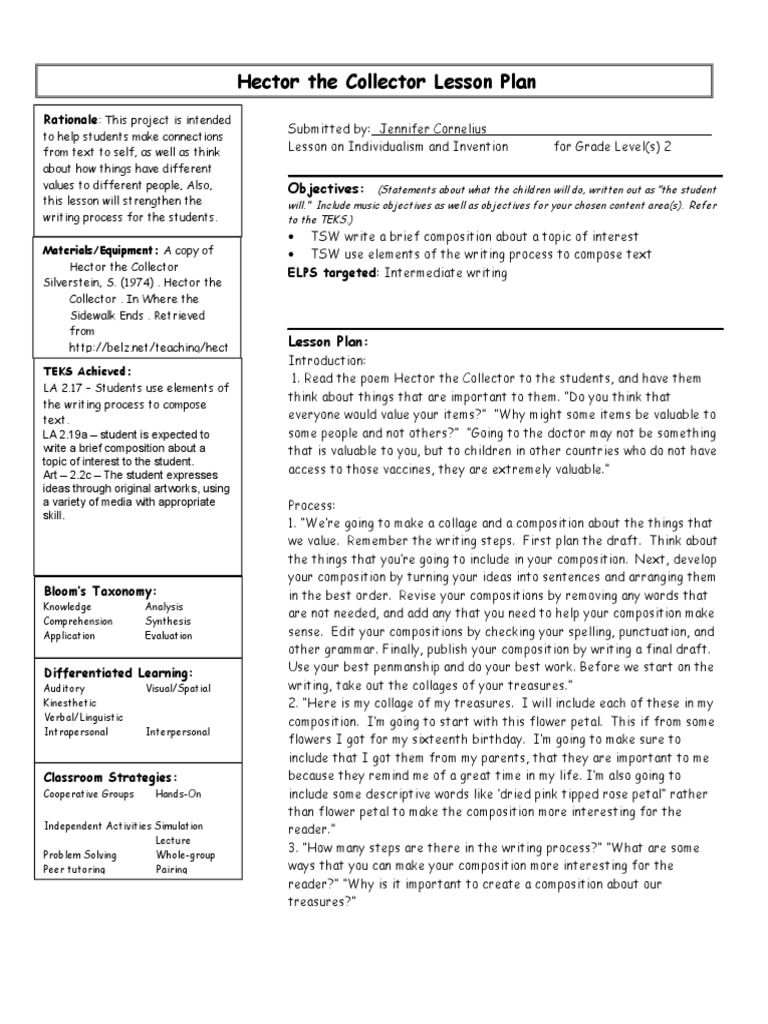 Hector The Collector Lesson Plan | PDF | Lesson Plan | Reading ...