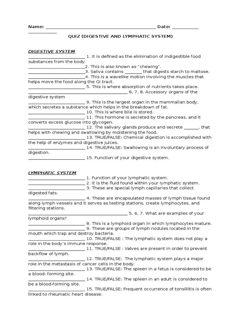 Digestive and Lymphatic System Quiz | PDF