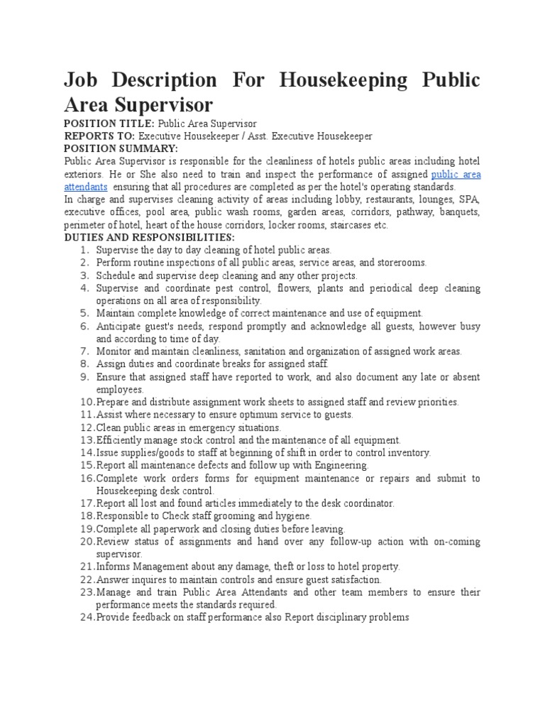 Job Description For Housekeeping Public Area Supervisor | PDF ...
