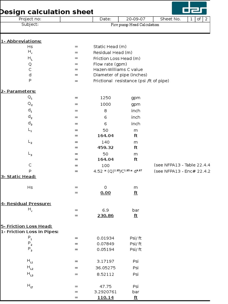 Fire Pump Head Calculationx - Rev 1 | PDF