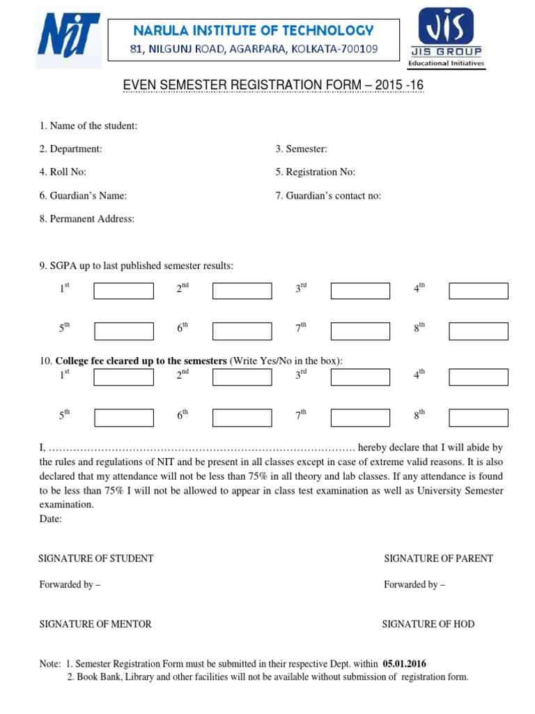 Even Semester Registration Form 2015-16 | PDF