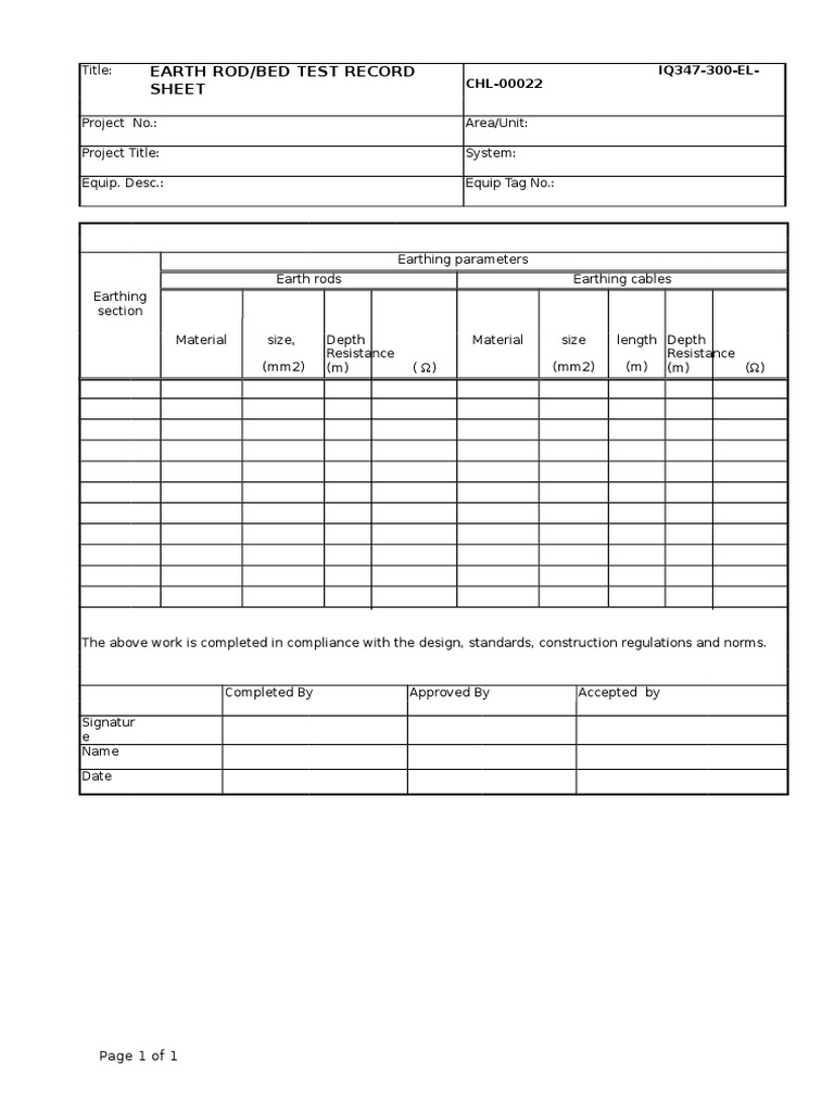 Iq347-300-El-chl-00022 Earth Rodbed Test Record Sheet | PDF | Nature