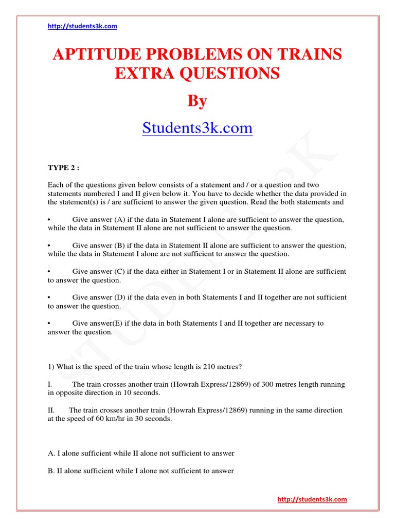 Aptitude Problems On Trains 2 (WWW - Students3k.com) | PDF | Metre