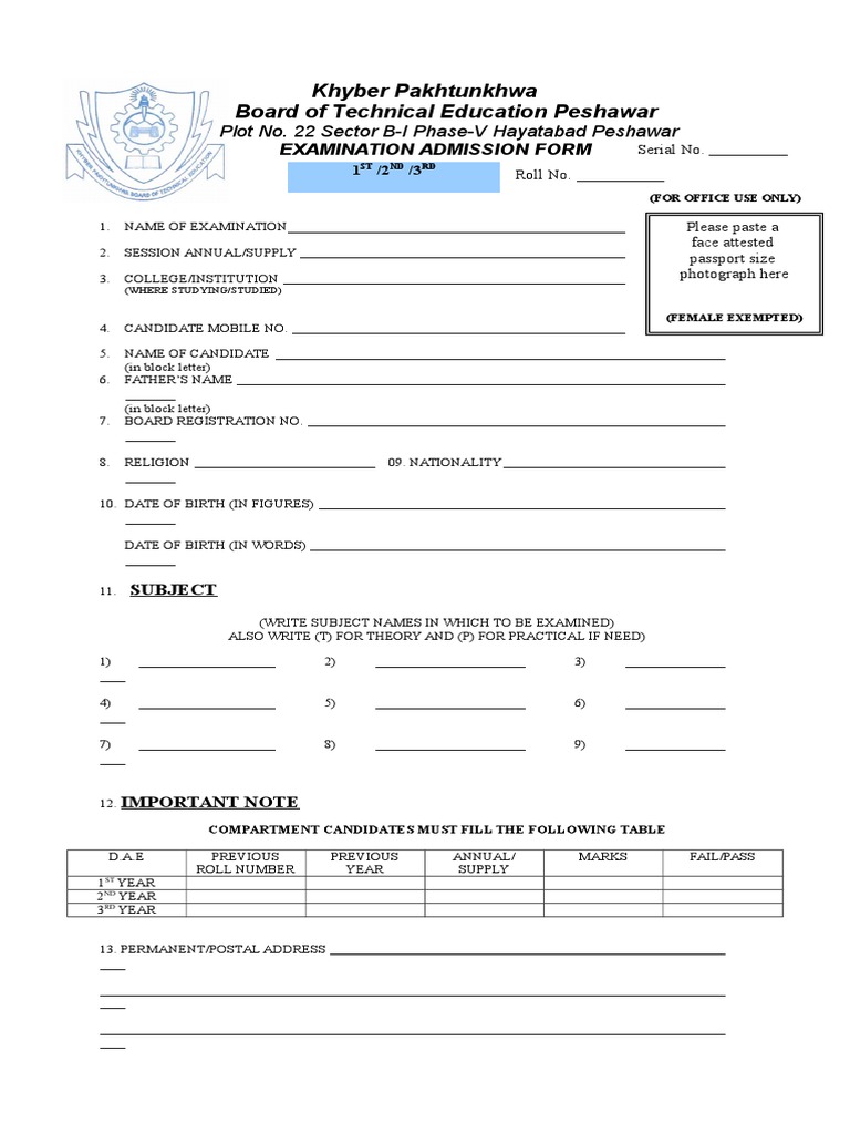 Examination Admission Form | PDF | Test (Assessment) | Government ...