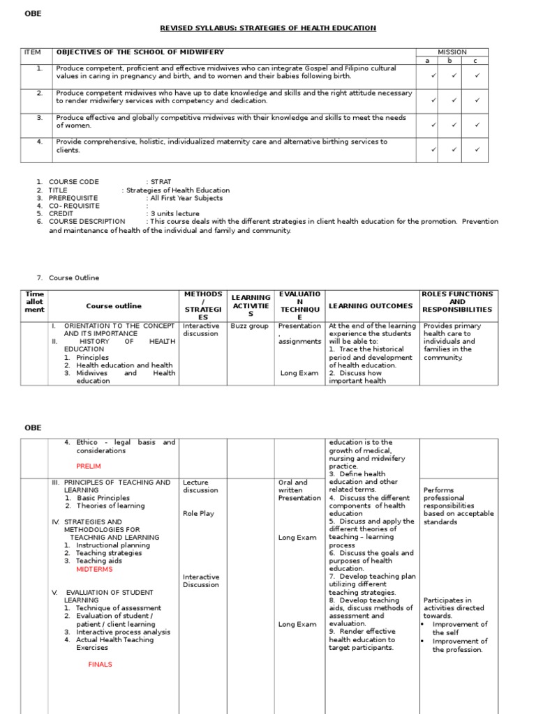 Health Education Strategies Syllabus | PDF | Health Education | Midwife