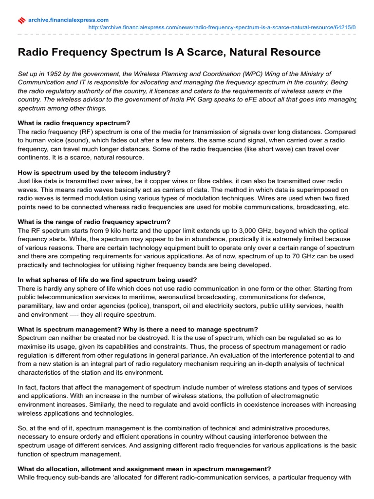 Radio Frequency Spectrum Is A Scarce Natural Resource | PDF | Radio ...