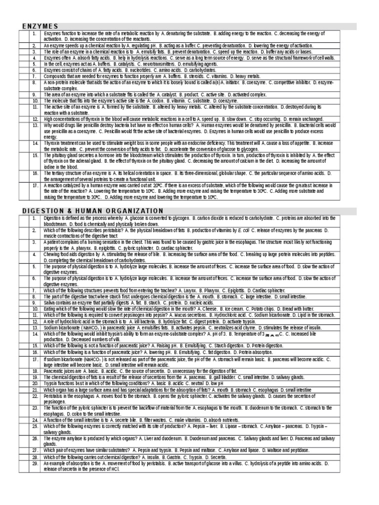 Digestion Enzyme Practice Test | PDF | Digestion | Human Digestive System